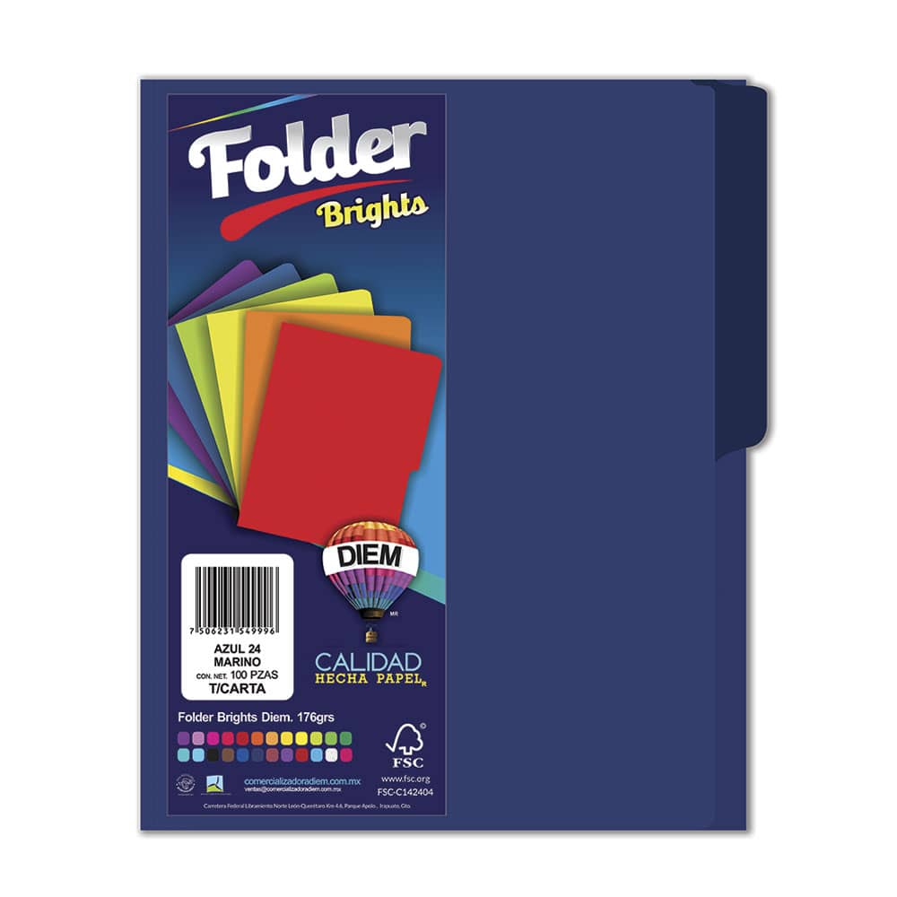 Folder de Cartulina Tamaño Carta Azul Marino Caja con 100 Piezas Diem
