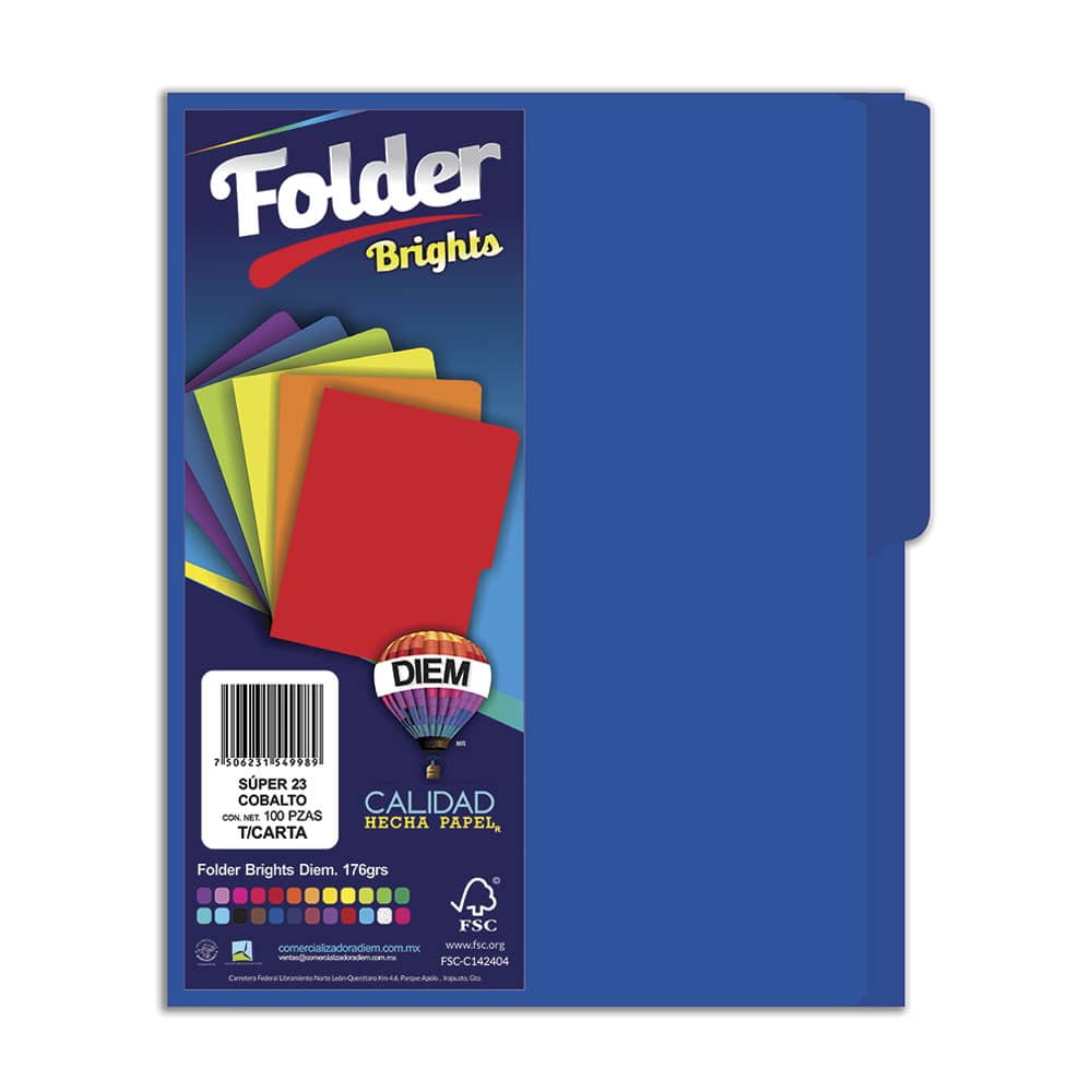 Folder de Cartulina Tamaño Carta Azul Rey Caja con 100 Piezas