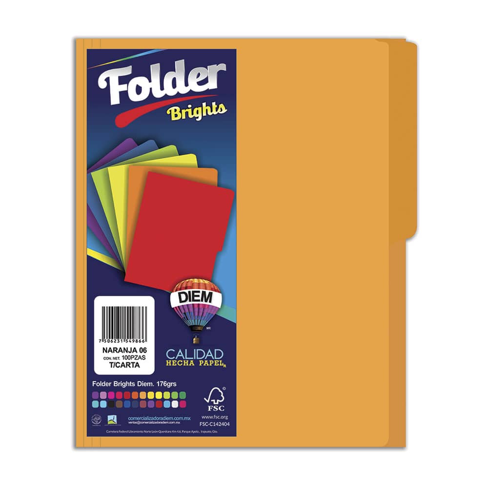 Folder de Cartulina Tamaño Carta Naranja Caja con 100 Piezas