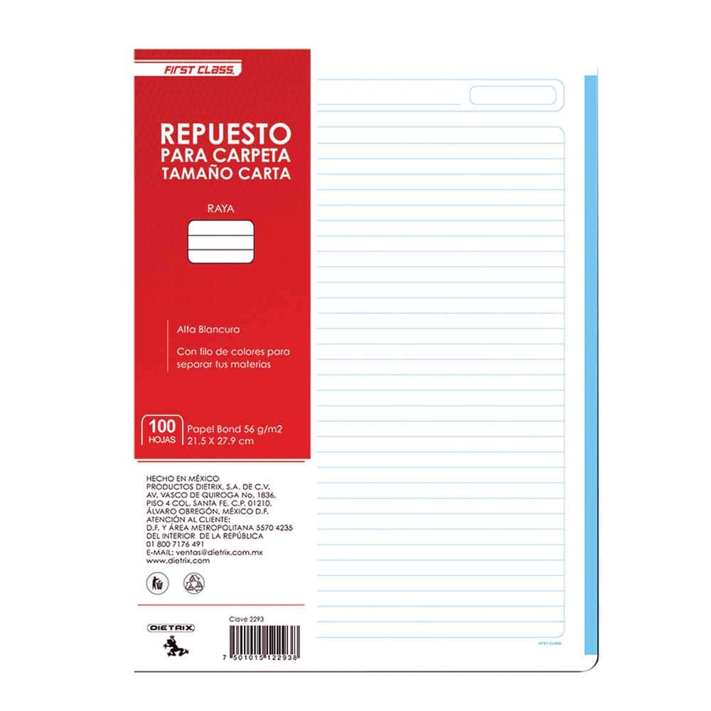 Hojas Perforadas para Carpeta Tamaño Carta de Raya con 100 Hojas First ...