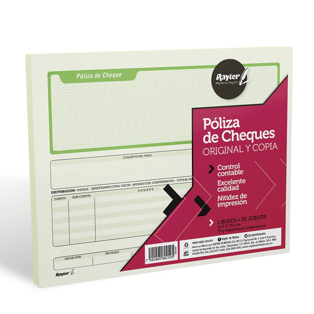 Block Cheque Póliza Duplicado Tamaño 1/2 Oficio con 25 juegos Rayter