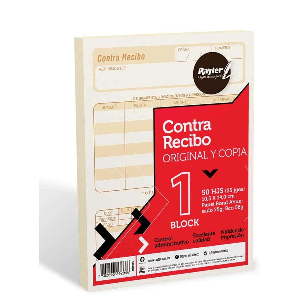 Block Contra Recibo Duplicador Tamaño 1/4 de Carta con 25 Juegos Rayter