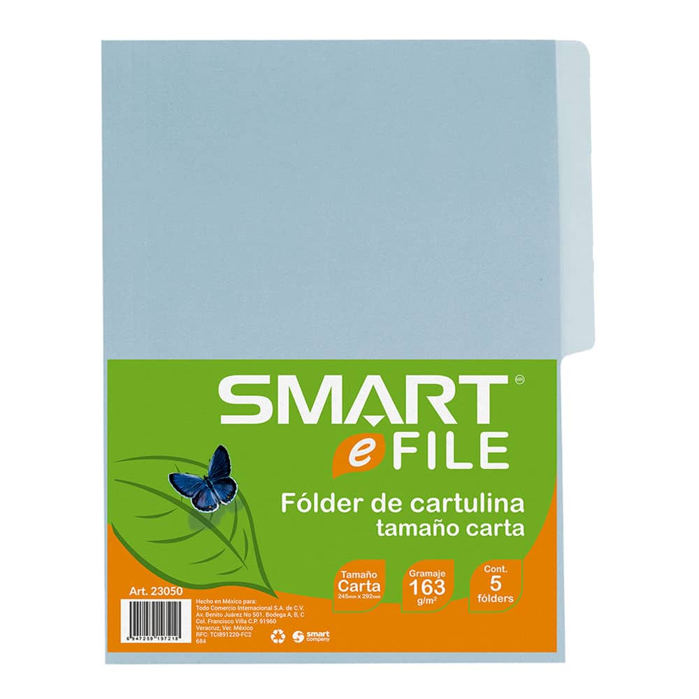 Folder de Cartulina Tamaño Carta Azul Paquete con 5 Piezas Smart