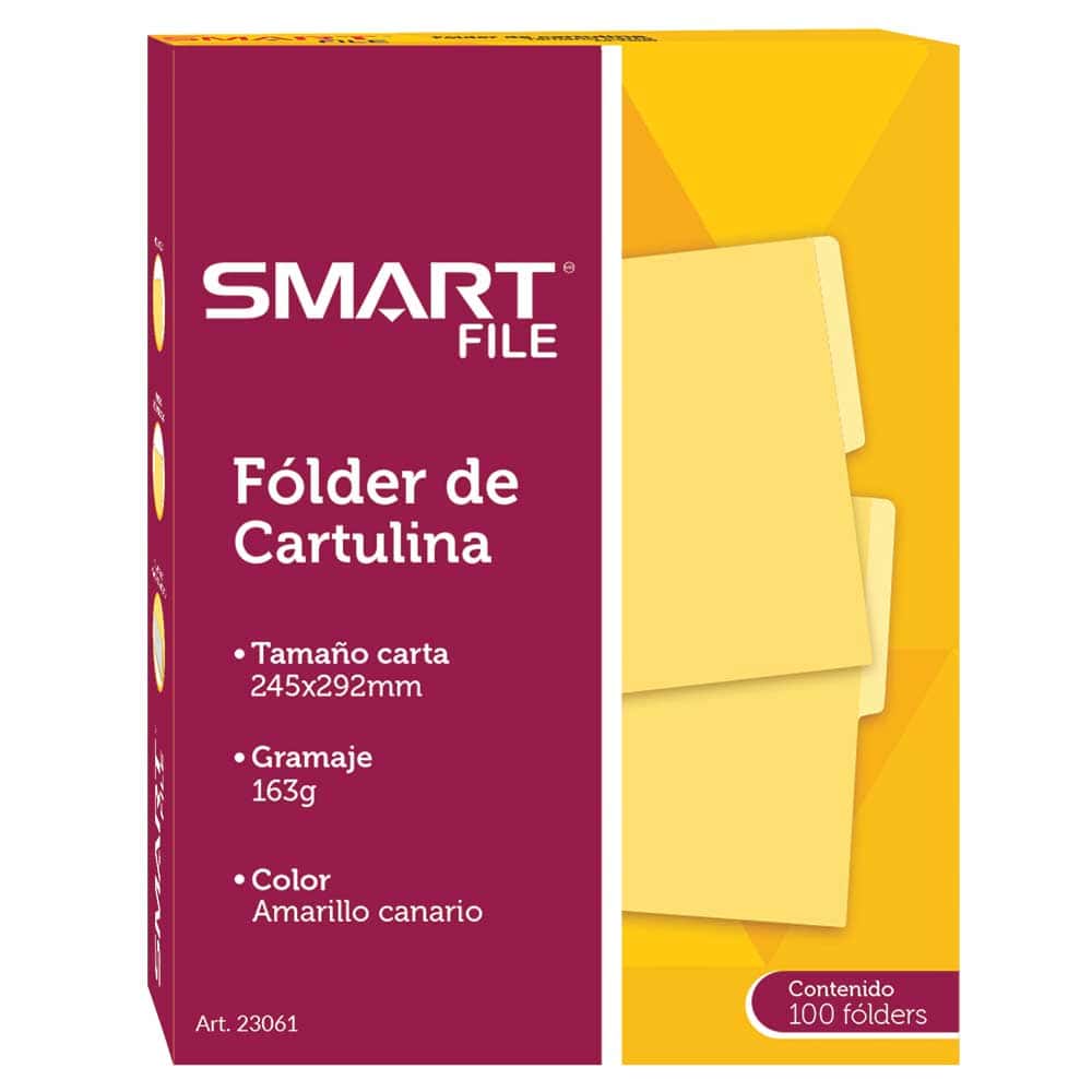 Folder de Cartulina Tamaño Carta Amarillo Canario Caja con 100 Piezas Smart