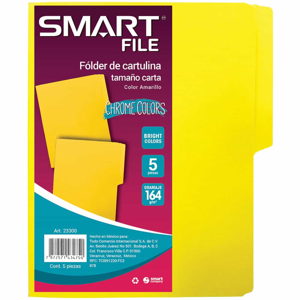 Folder de Cartulina Tamaño Carta Amarillo Paquete con 5 Piezas Smart Cool