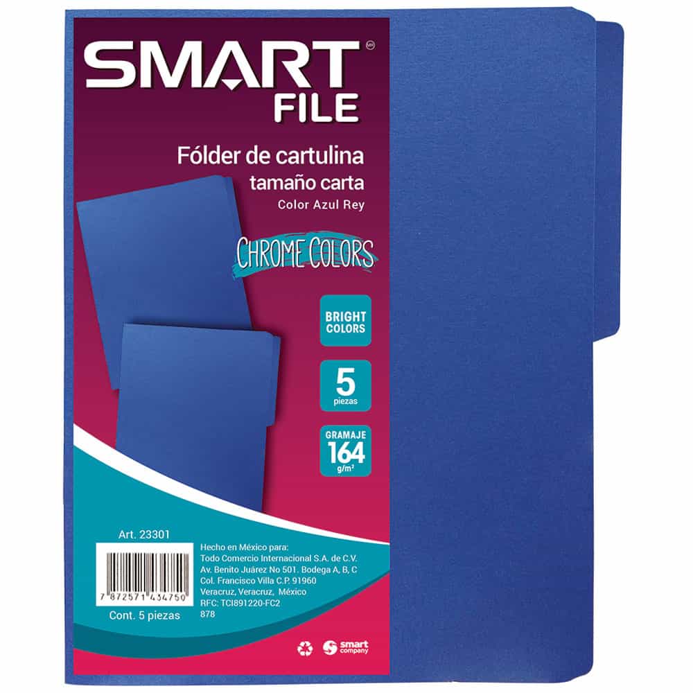Folder de Cartulina Tamaño Carta Azul Rey Paquete con 5 Piezas Smart Cool