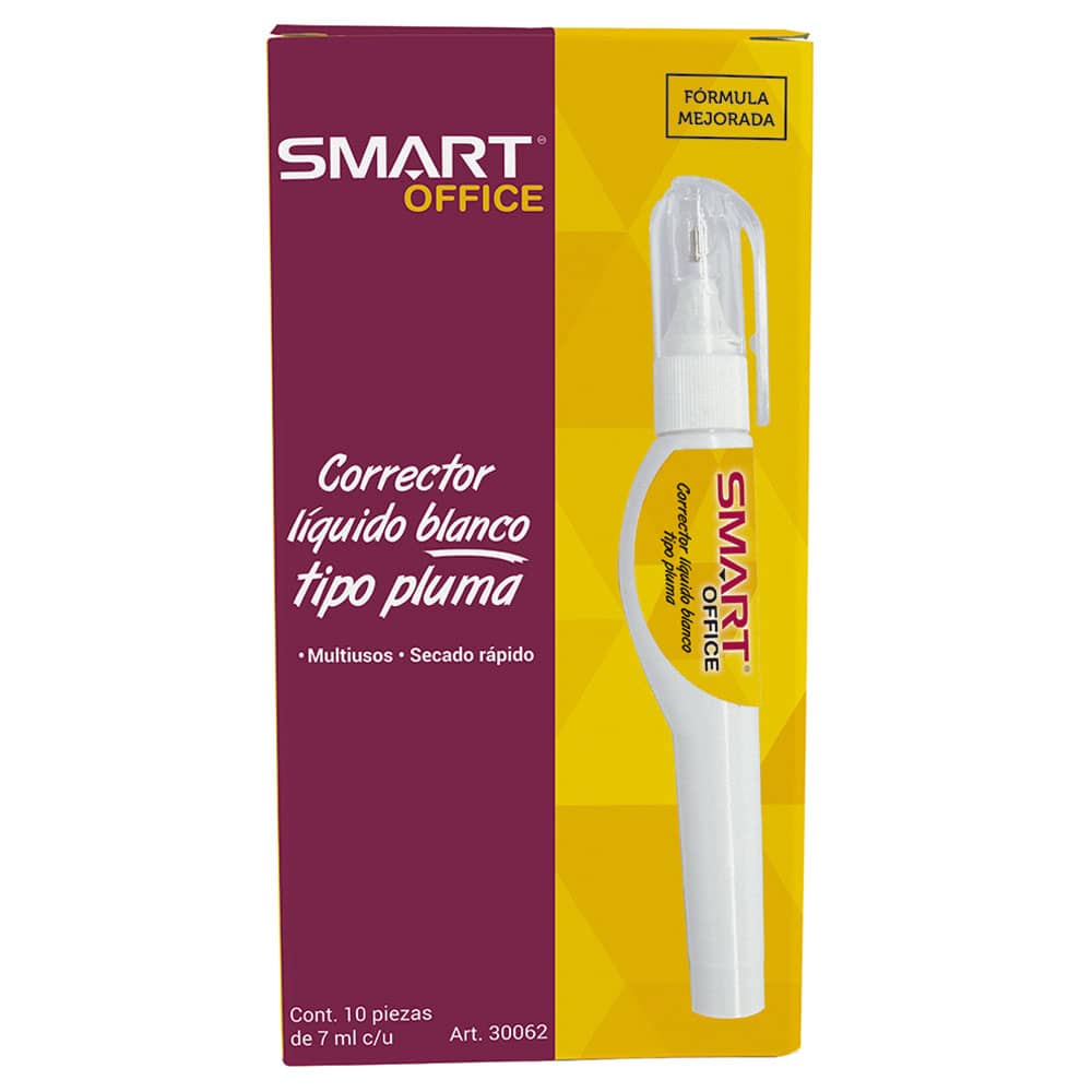 Corrector Líquido Blanco Tipo Pluma 7 ml Caja con 10 Piezas Smart
