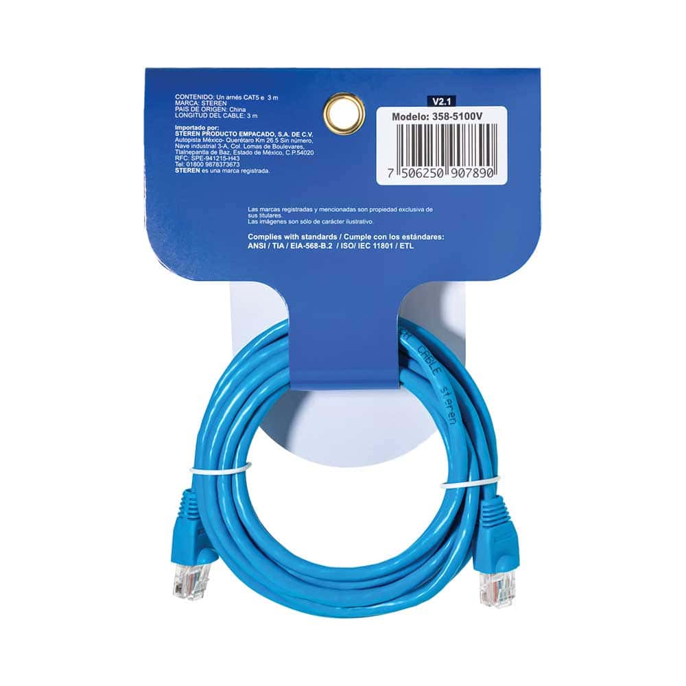 Cable Ethernet UTP CAT 5e de 3 mts Azul Steren 358-5100V